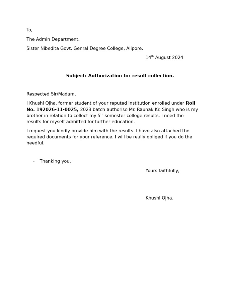 Khushi Ojha Authorization Letter | PDF Khushi Ojha Authorization Letter | PDF