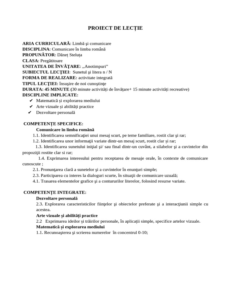 Proiect de Activitate Integrata Si Fise de Lucru Diferentiate - Sunetul Si Litera N - N | PDF