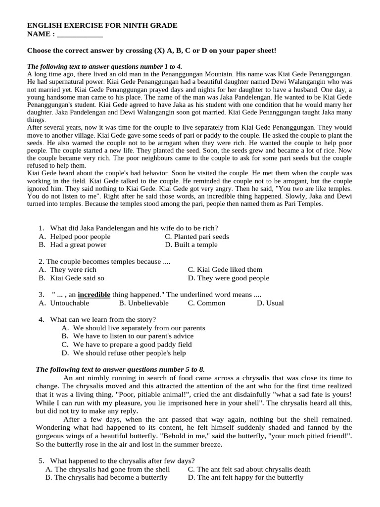 English Exercise For Ninth Grade | PDF