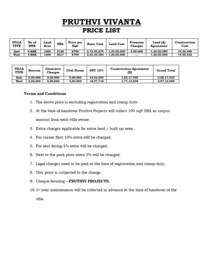 PRUTHVI VIVANTA Price List | PDF