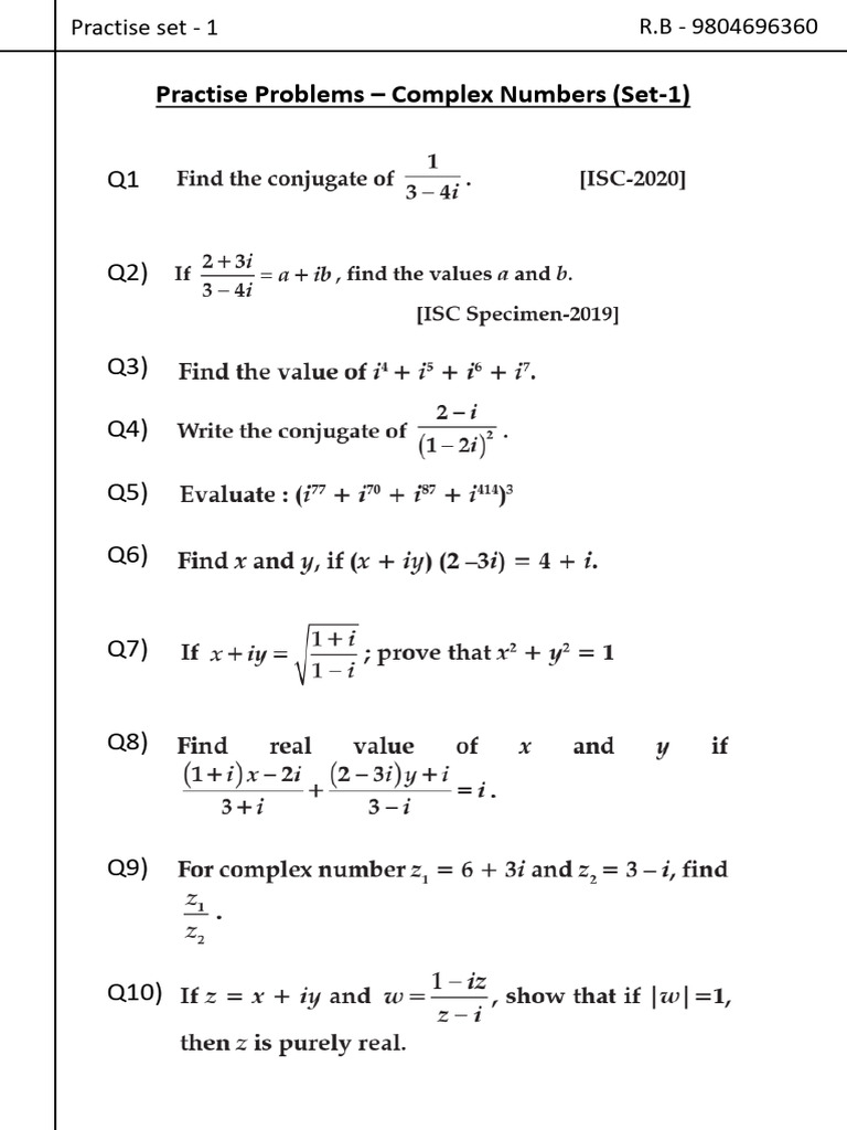 Complex Nos. (Practise Set-1) | PDF
