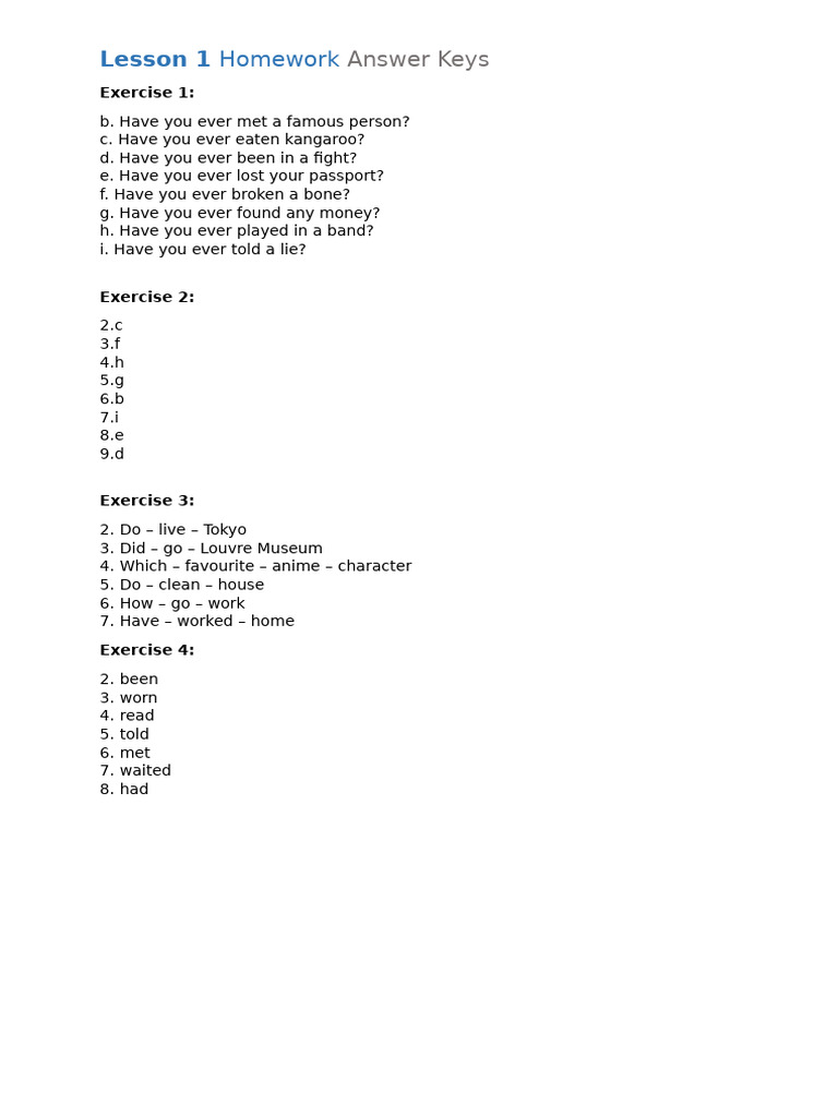 Lesson 1 HW Answer Key | PDF