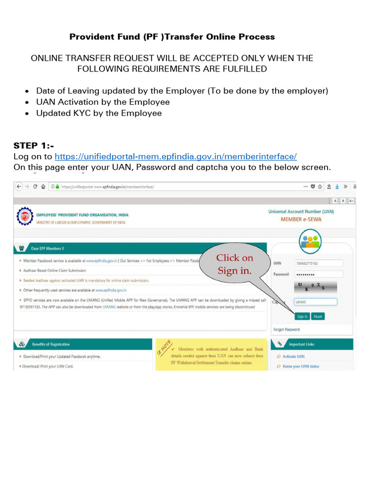 PF Online Transfer Form | PDF