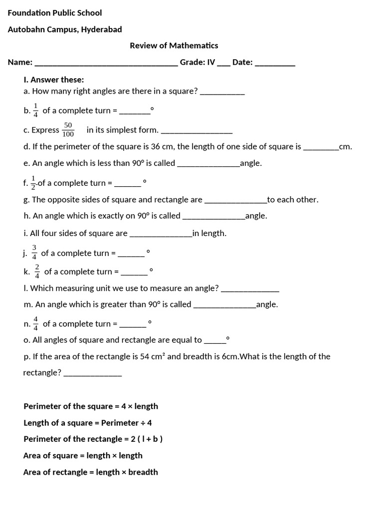 Grade IV Math Review | PDF