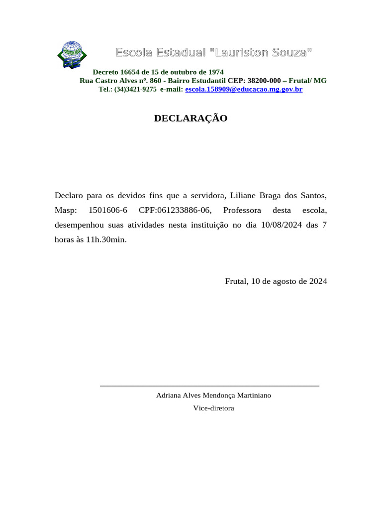 Declaração para Outra Escola 2024 | PDF