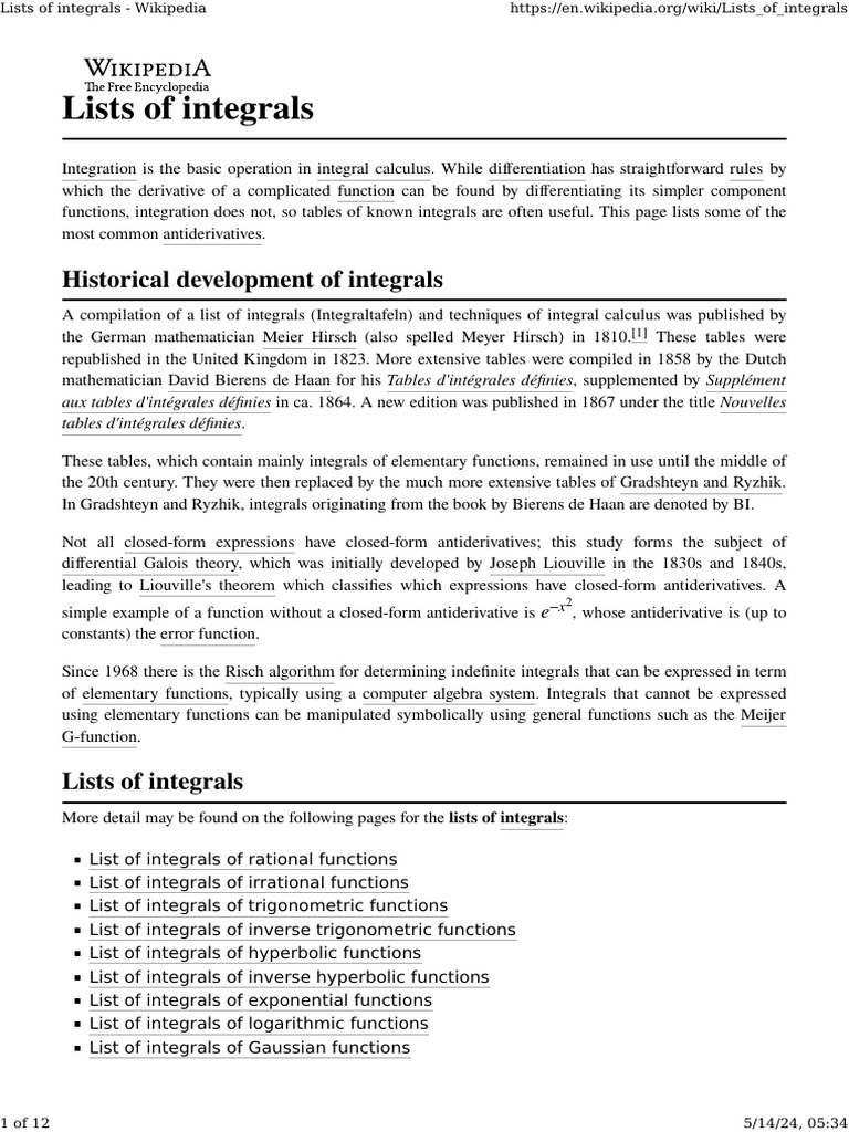 Lists of Integrals - Wikipedia | PDF