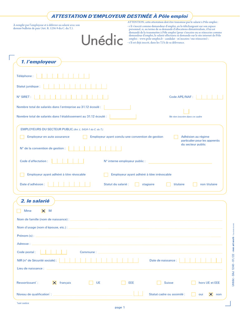 Attestation D'Employeur Destinée À Pôle Emploi: Ne Rien Inscrire Dans ...