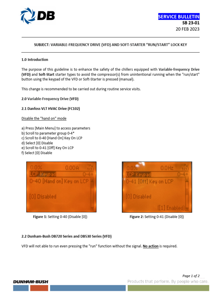Service Bulletin: Variable-Frequency Drive (VFD) and Soft-Starter "Run/Start" Lock Key | PDF