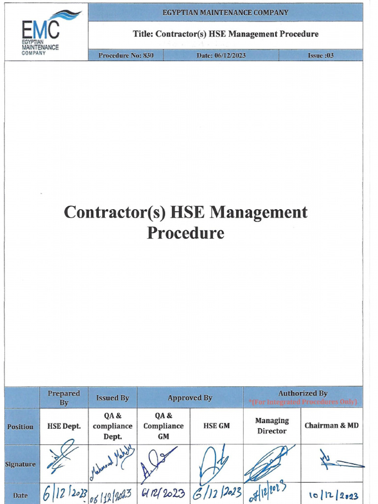830 Contractor(s) HSE Management Procedure | PDF