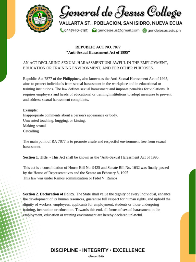 Republic Act No. 7877 "Anti-Sexual Harassment Act of 1995" | PDF