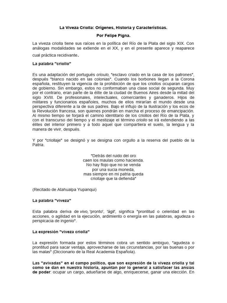 La Viveza Criolla. Material para Propuesta Aulica | PDF