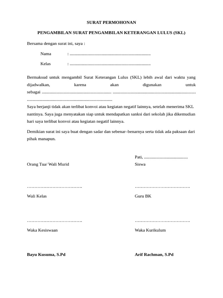 Surat Permohonan Pengambilan SKL | PDF