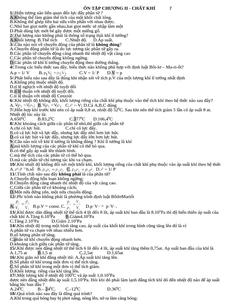 Baiôn tập tap Trac nghiem Chuong 2 Chat khi 1 | PDF