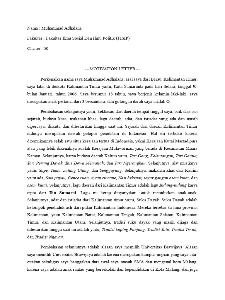 Motivation Letter Muh. Adhalana | PDF