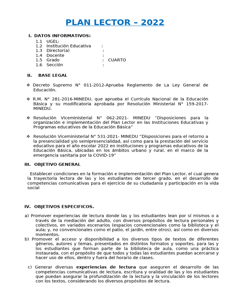 Plan Lector 2022 Cuarto | PDF