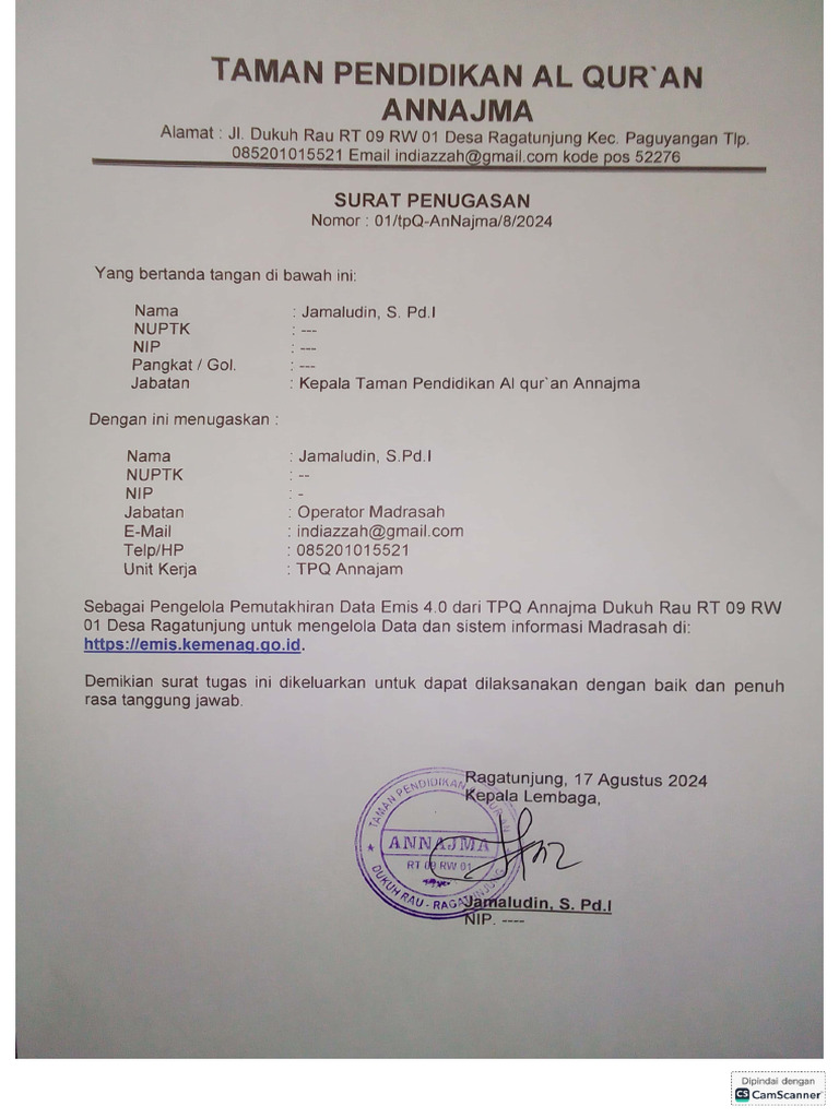 surat tugas operator TPQ Annajma | PDF