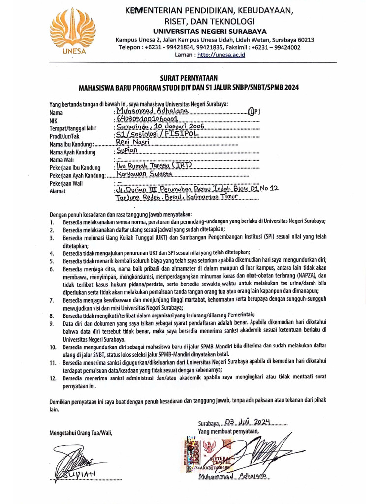 Surat Pernyataan MABA UNESA | PDF