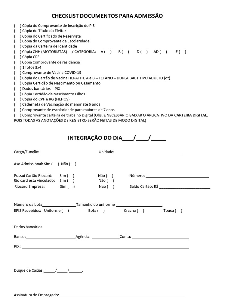CHECKLIST - DOCUMENTOS PARA ADMISSÃO | PDF