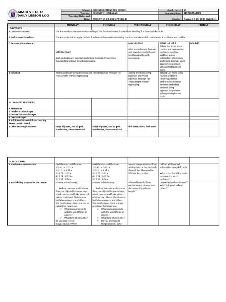 DLL - Mathematics 6 - Q1 - W4 | PDF