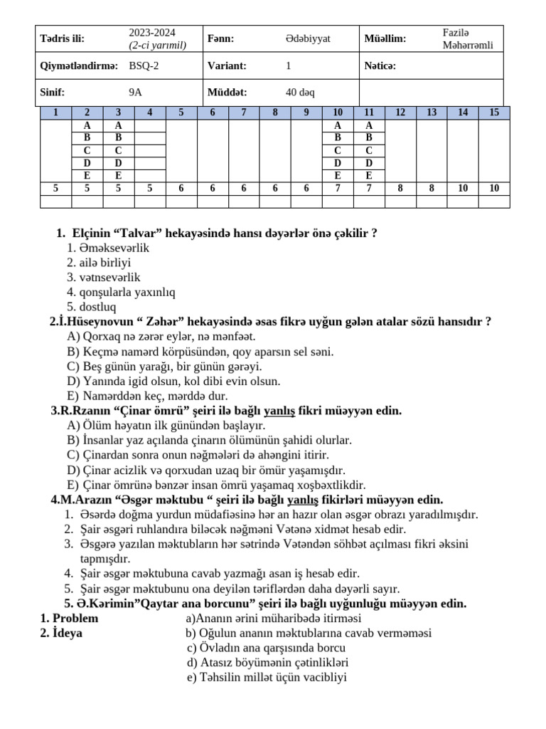 9-Cu Sinif - Ədəbiyyat | PDF