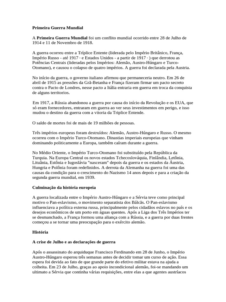 Trab 1 Bim (Primeira Guerra Mundial) | PDF