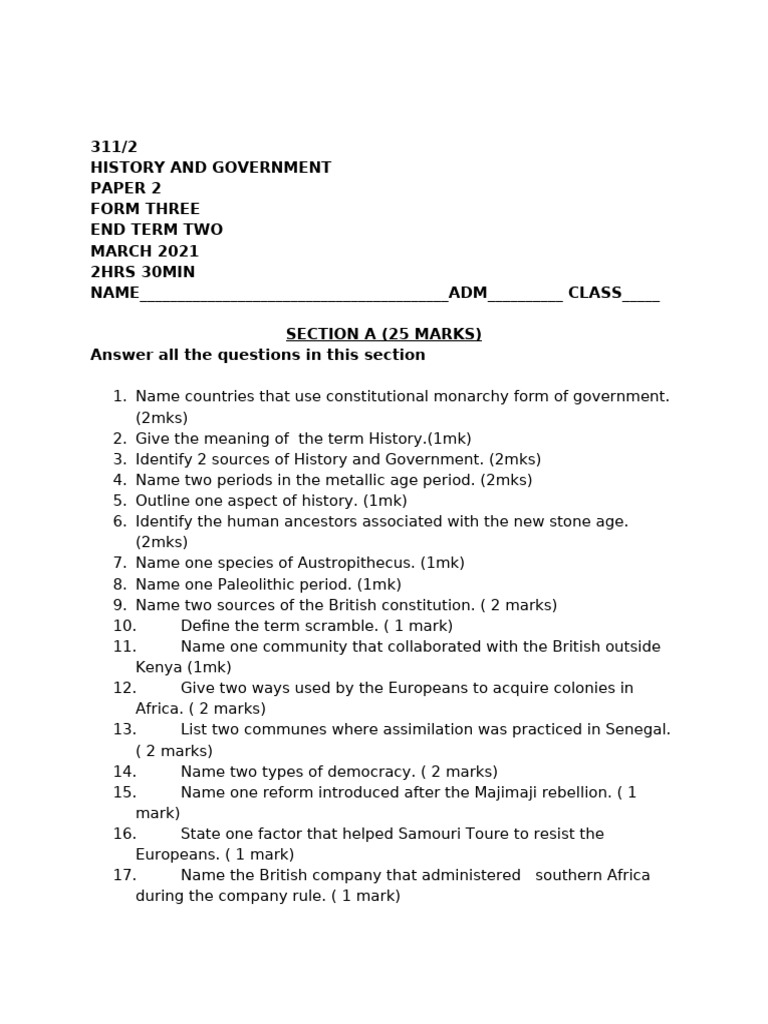HISTORY F3 PP2 Teacher - Co - .Ke End Term 2 | PDF