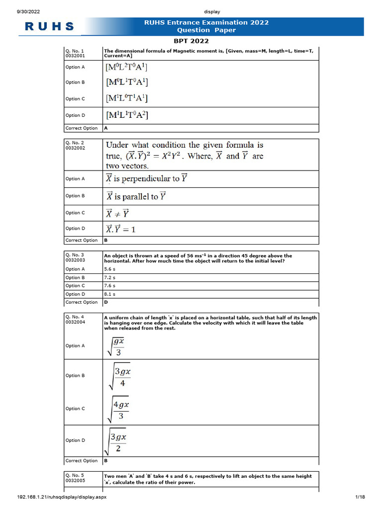 RUHS Entrance Examination 2022 Question Paper | PDF