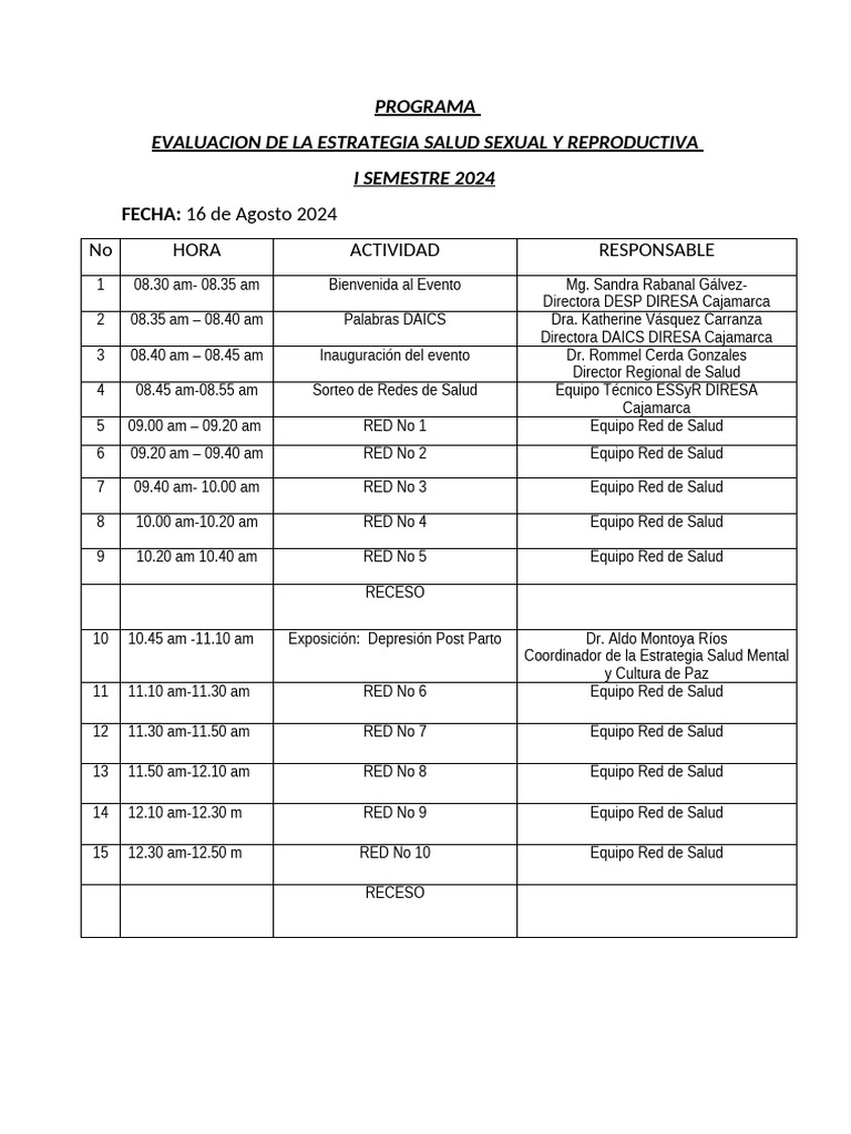 Programa Reunion de La Evaluacion Essyr I Semestre 2024 | PDF | Salud pública | Salud y bienestar