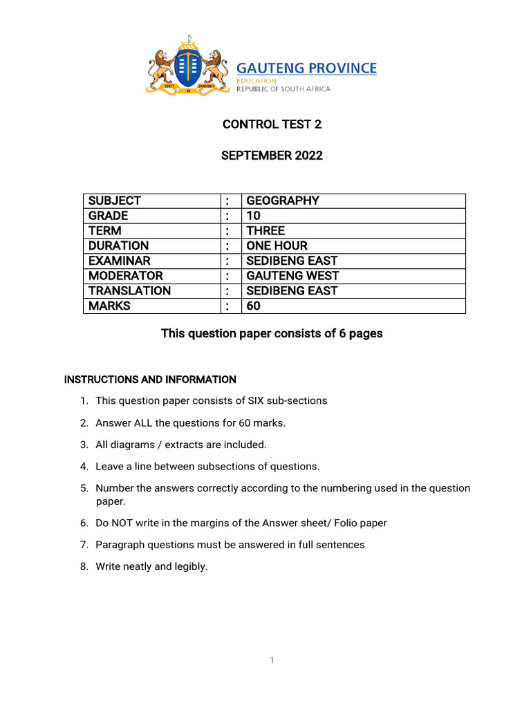 Grade 10 Control Test 2 | PDF