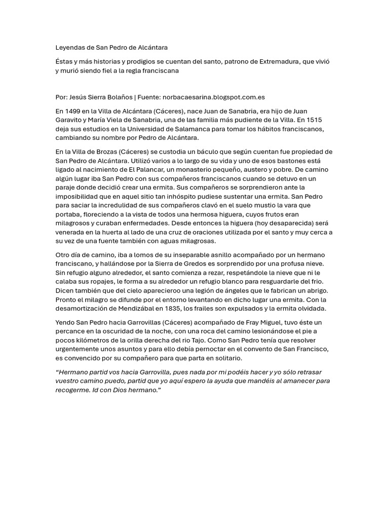 Leyenda de San Pedro de Alcántara | PDF Leyenda de San Pedro de Alcántara | PDF