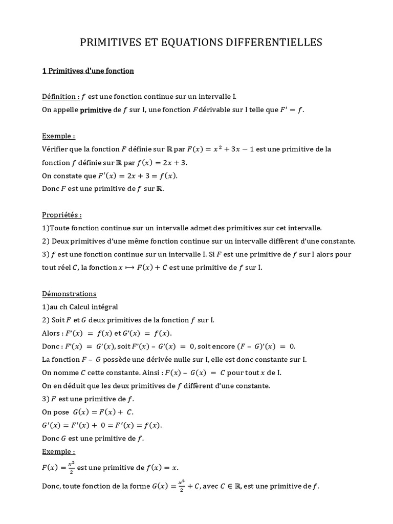 Primitives Et Équations Différentielles - Cours | PDF