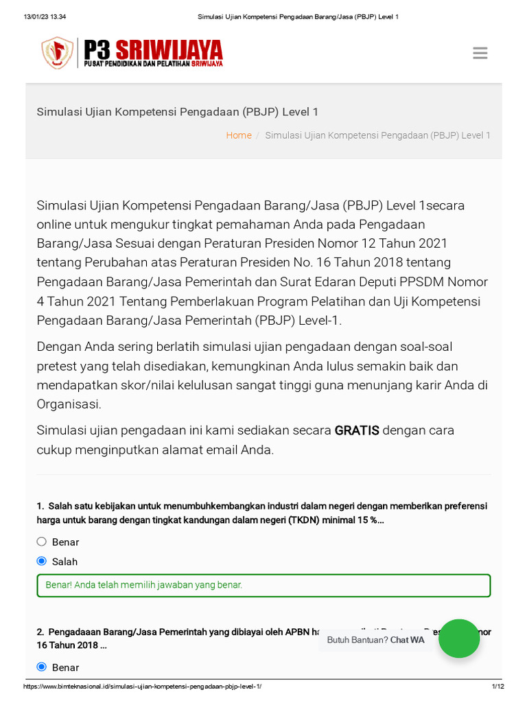 Simulasi Ujian Kompetensi Pengadaan Barang - Jasa (PBJP) Level 1 | PDF