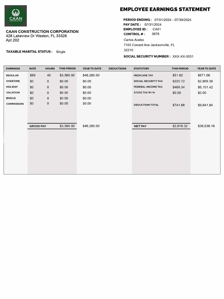 Caan Corporation 07-31-24 Paystub | PDF