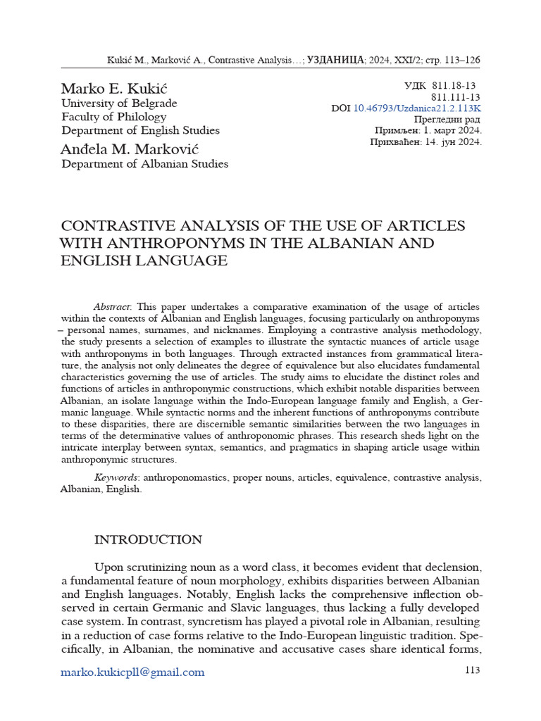 Marko E. Kukic Andjela M. Markovic Contrastive Analysis of The | PDF