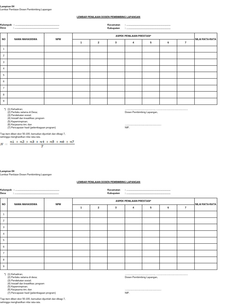 Lembar Penilaian DPL Dan Kades KKN 2024 | PDF