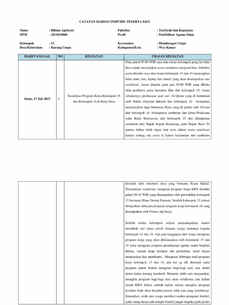 Catatan Harian - 2 - Hikma Apriyani | PDF