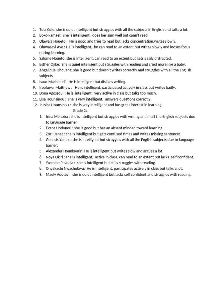 Grade 2 B and C Challenging Report | PDF