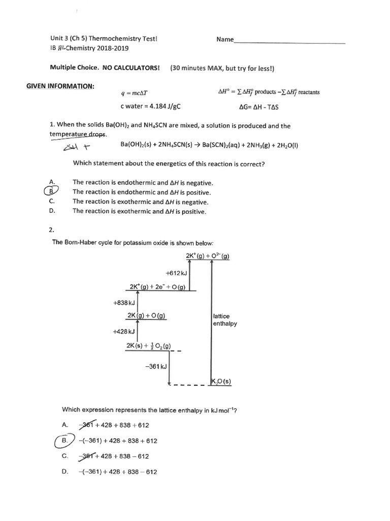 IB Chemistry HL Unit 2 Practice Test KEY | PDF