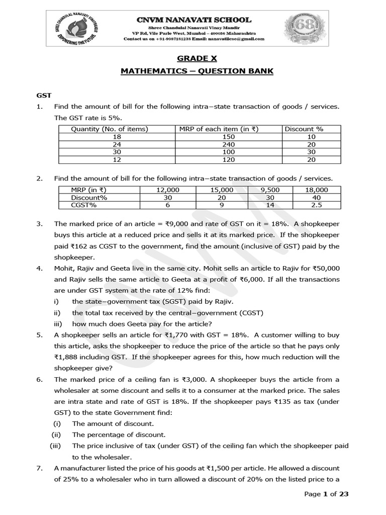 10th - Math CNVM Question Bank | PDF | Value Added Tax | Teaching ...