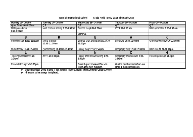 Grade 7 Mid Term 2 Timetable 2023 | PDF