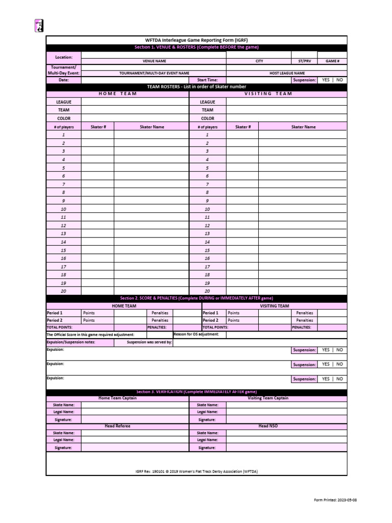 Wftda Printable Statsbook Paperwork Us Letter | PDF