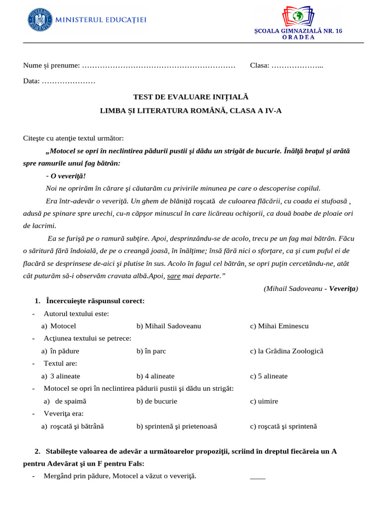 Evaluare Initiala Clasa IV Romana 2024 | PDF