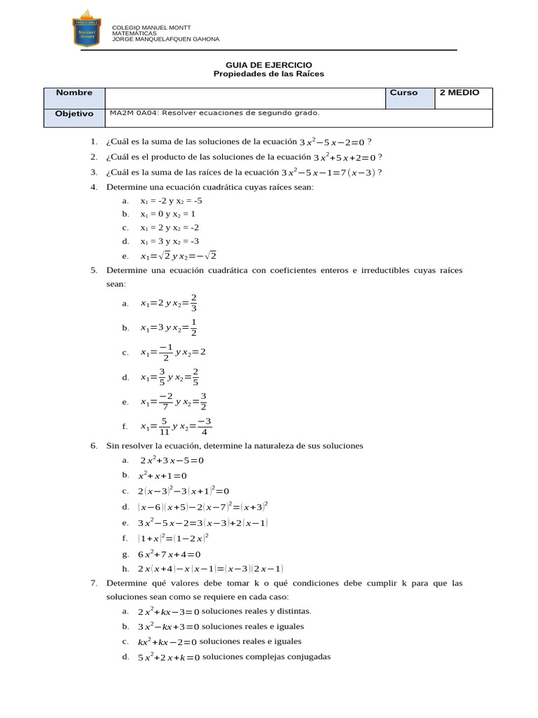 Guia de Ejercicios Propiedades de Las Raices | PDF