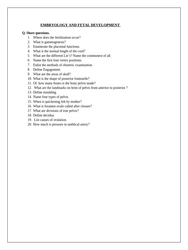 Short Questions Fetal Development | PDF