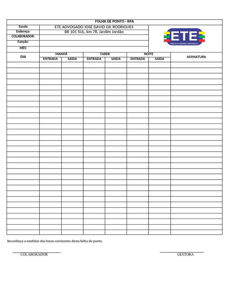 Modelo Folha de Ponto Rpa | PDF
