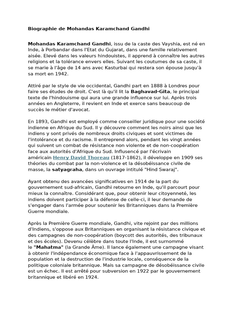 Biographie de Mohandas Karamchand Gandhi | PDF