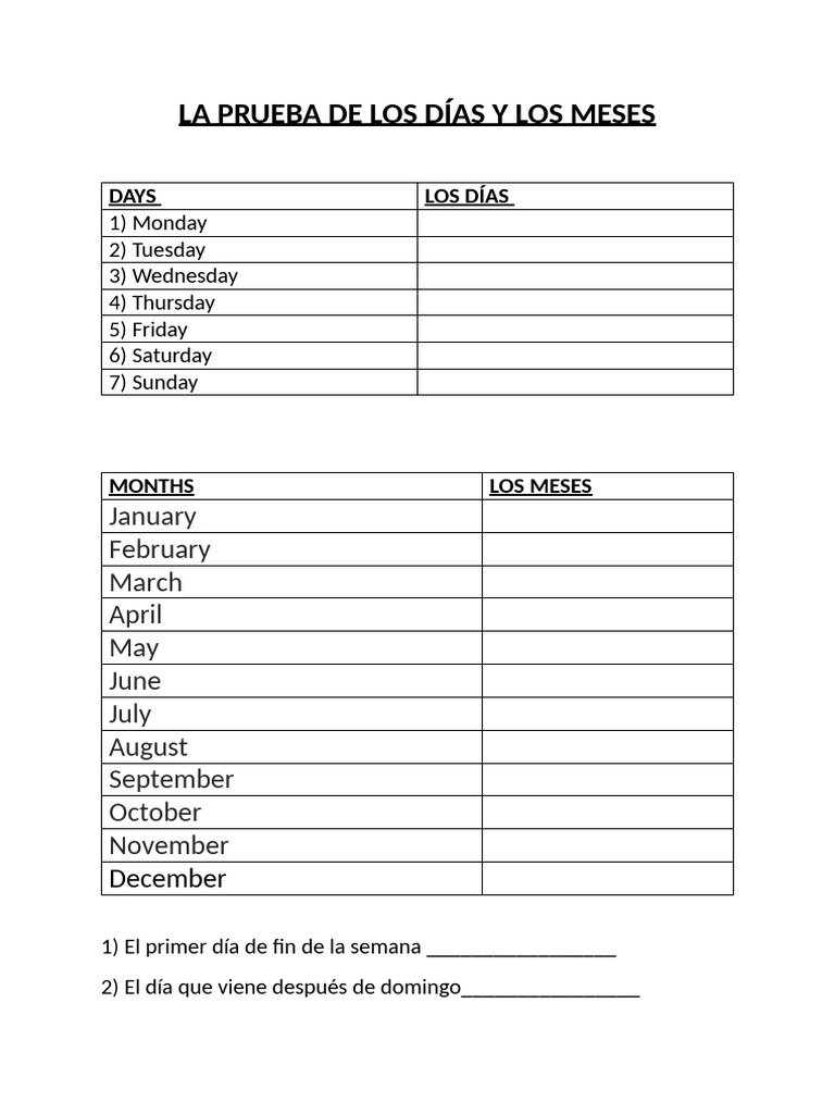 Days and Months TEST | PDF