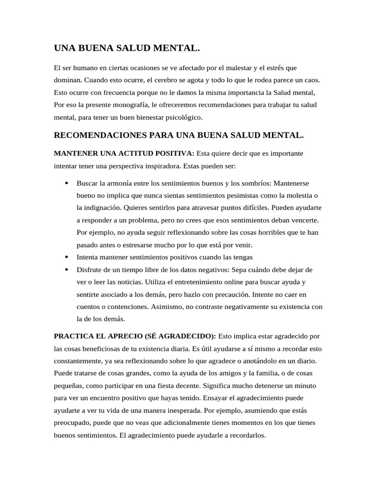 Recomendaciones para Una Buena Salud Mental | PDF