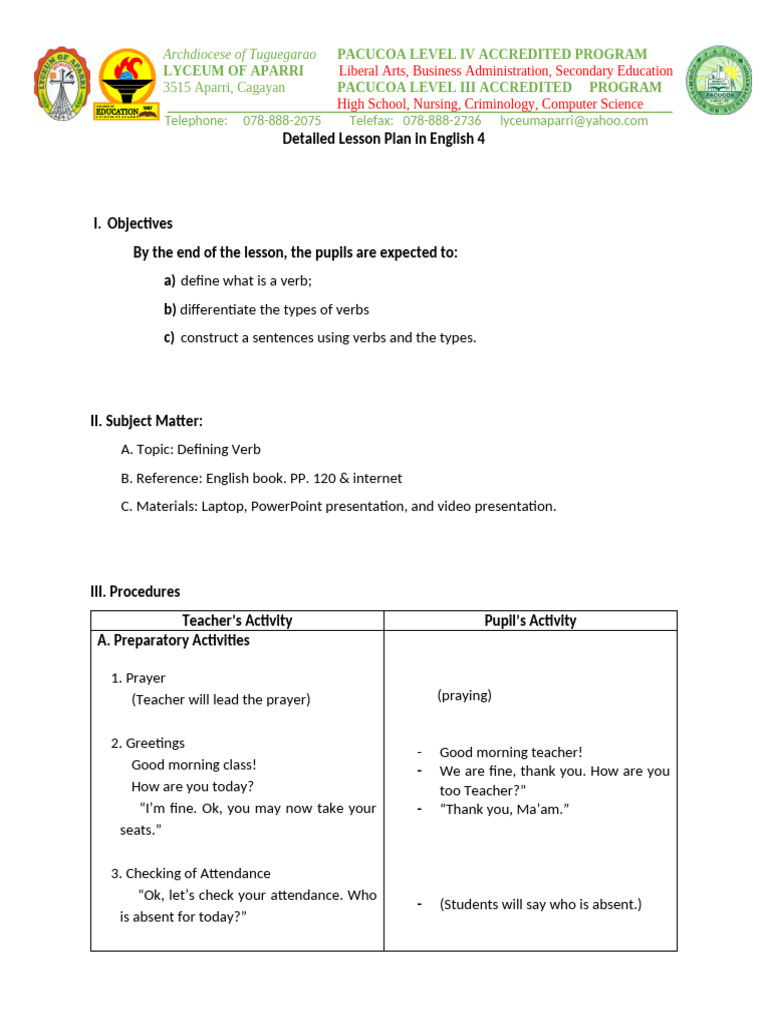English 4 Lesson Plan: Understanding Verbs | PDF | Verb | Subject (Grammar)