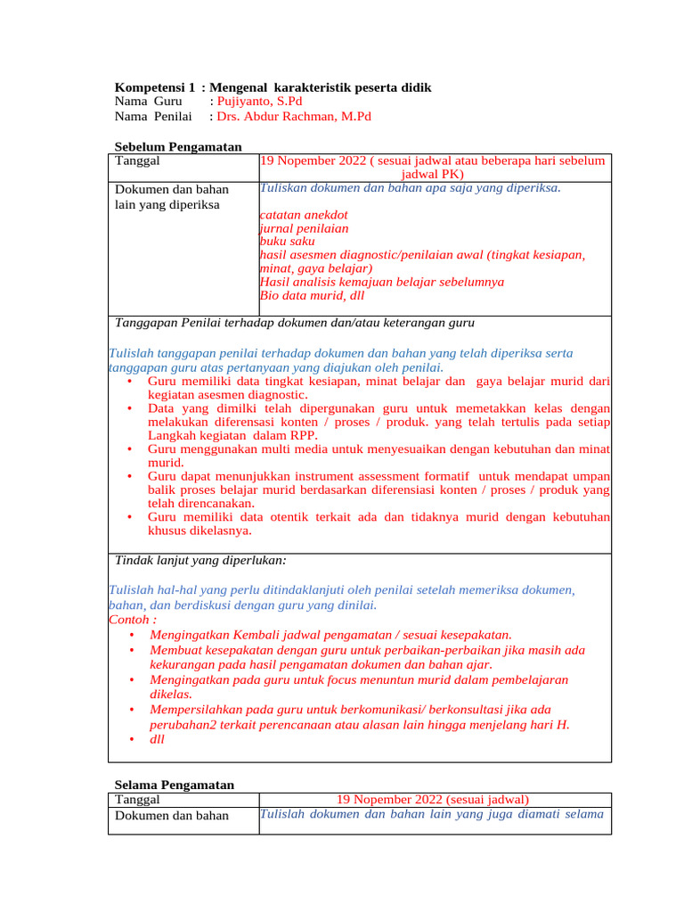 Contoh Deskripsi Lembar Evaluasi PKG | PDF